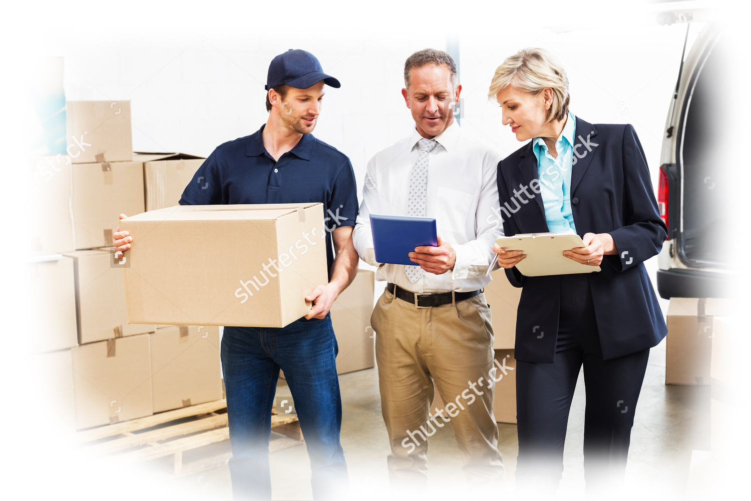 stock-photo-delivery-driver-checking-his-list-on-tablet-with-managers ...